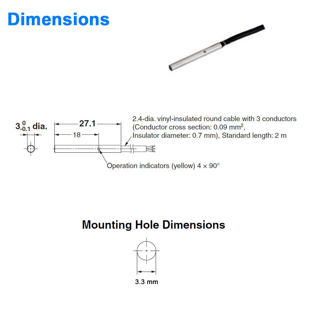 Inductive Proximity Sensor | 3 mm Diameter, Shielded, Normally Open ...